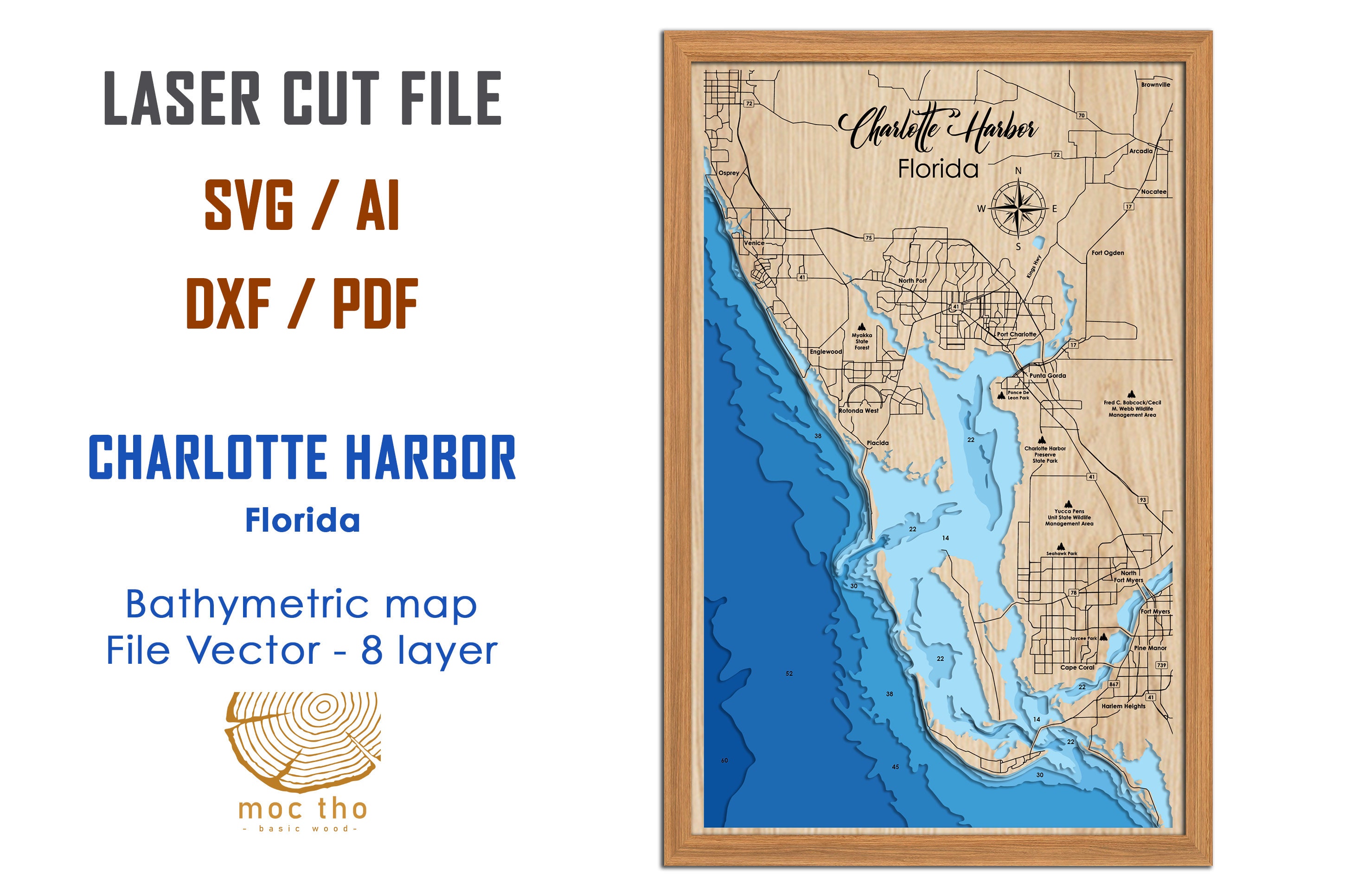 Digital File PDF, SVG - Charlotte Harbor Florida, Bathymetric Depth ...