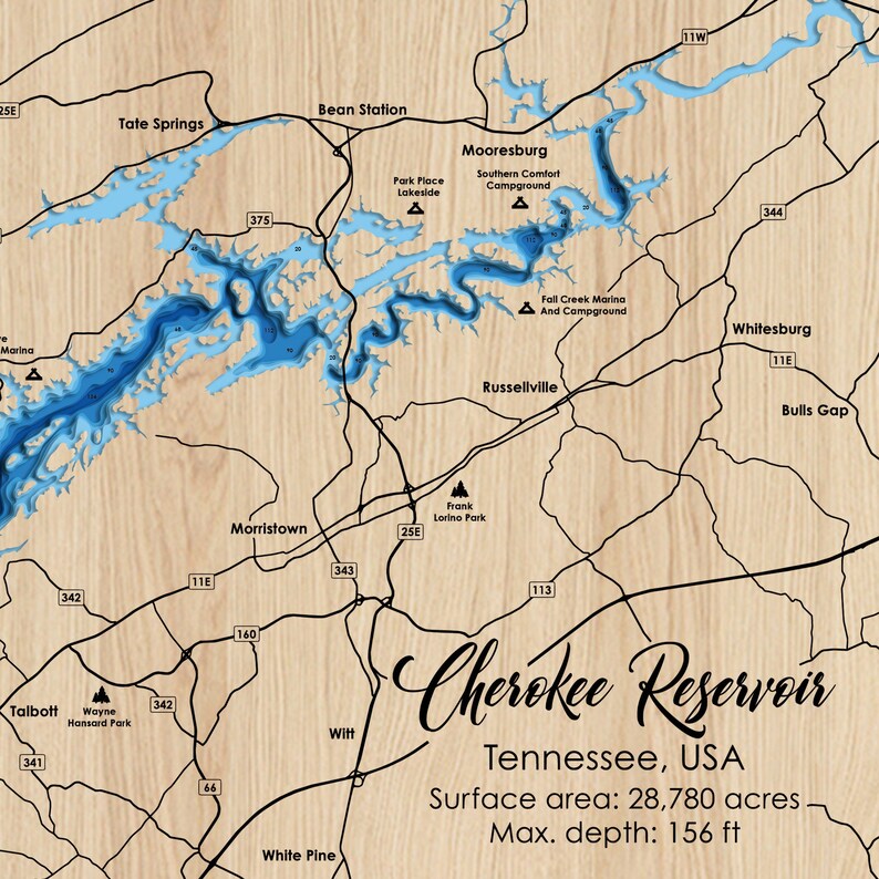 Digital File PDF, SVG - Cherokee Lake Tennessee Bathymetric Depth ...