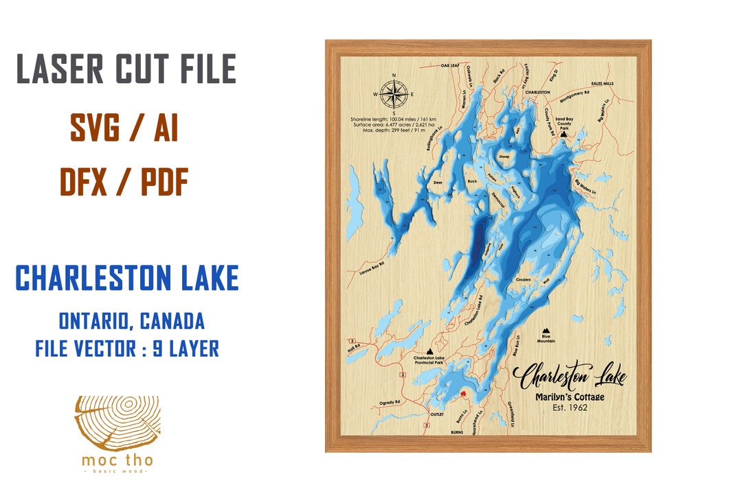 Digital File PDF, SVG - Charleston Lake Ontario Map Bathymetric Depth ...
