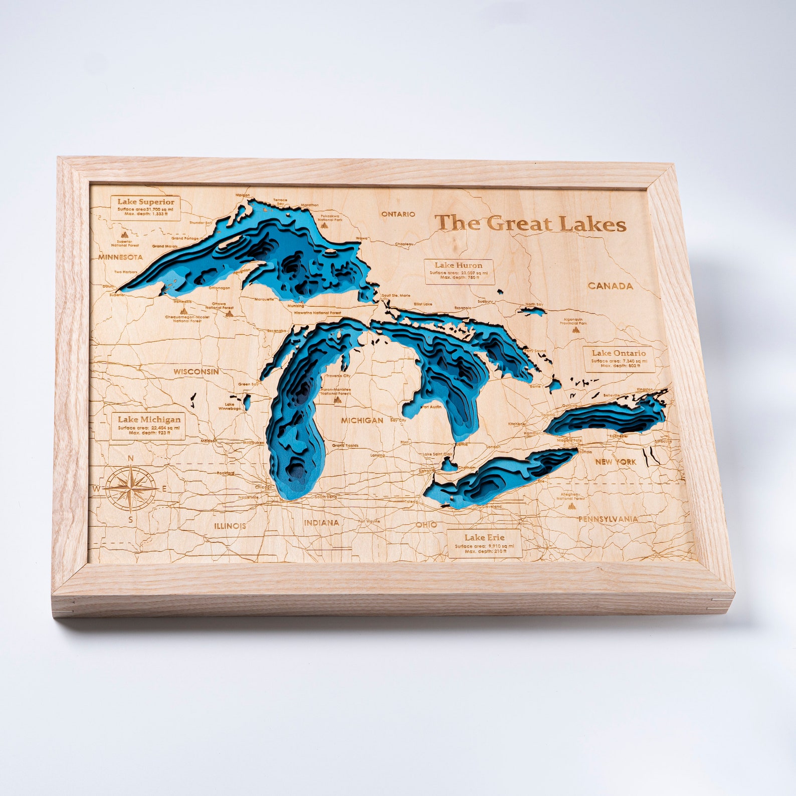 The Great Lakes Map Wood - Custom 3D Map Wood Bathymatric Map, Custom ...