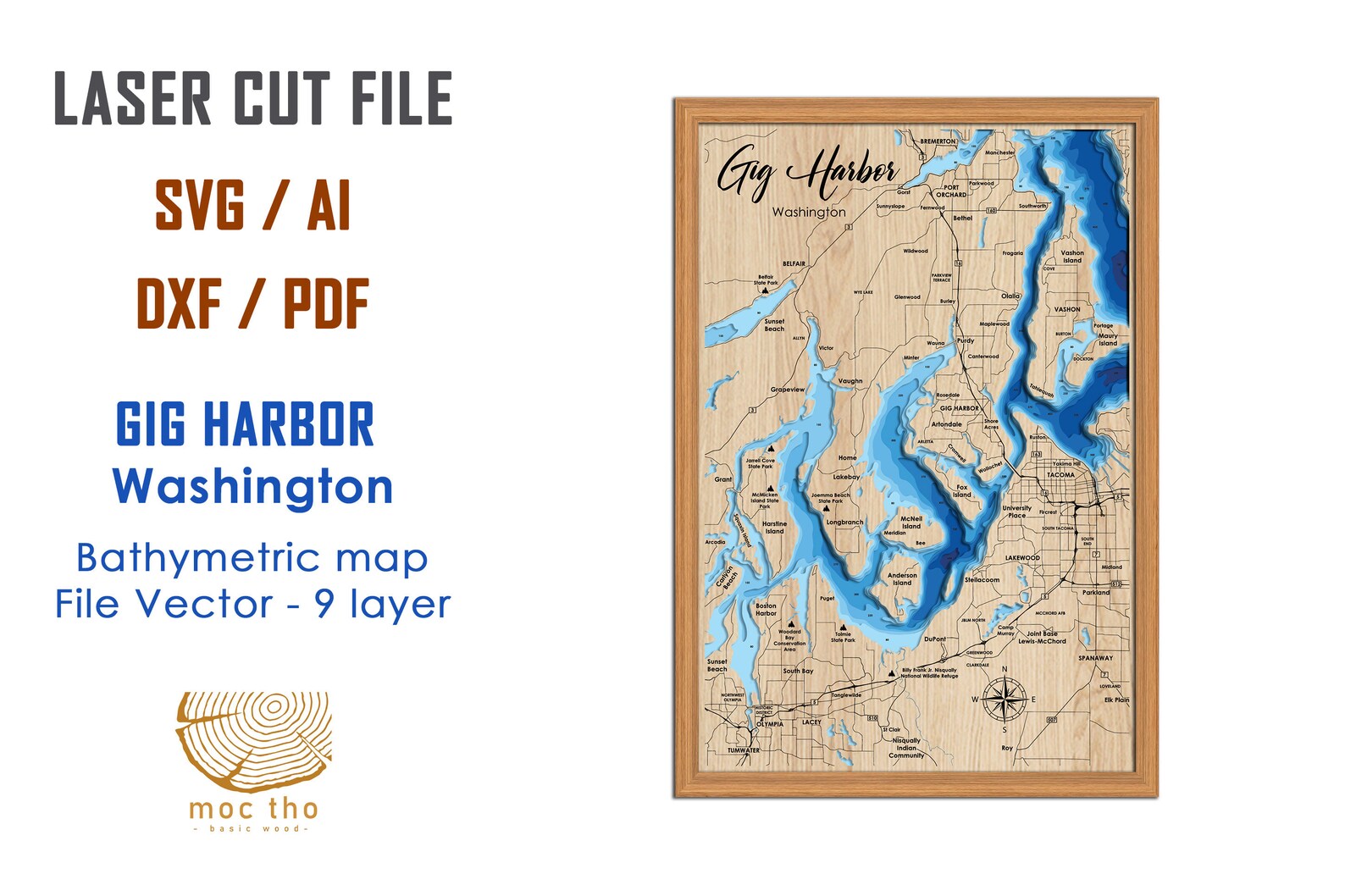Digital File PDF, SVG - Gig Harbor Washington, Bathymetric Depth Layers ...