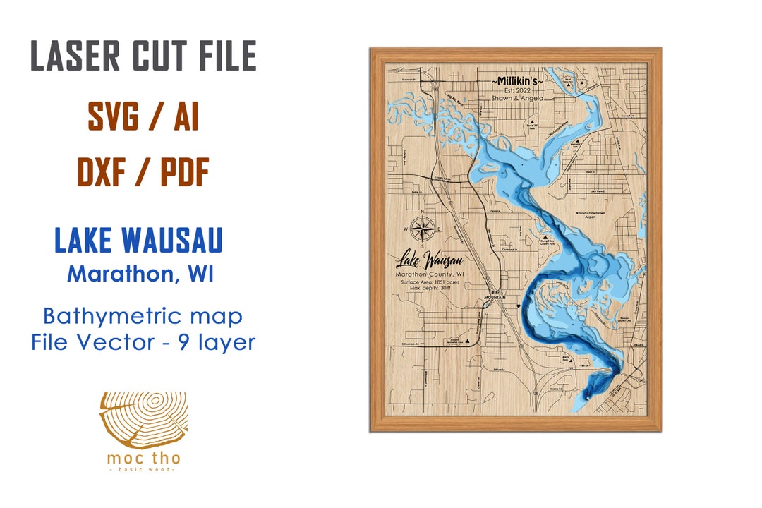 Digital File PDF, SVG - Lake Wausau Marathon Wisconsin Bathymetric ...