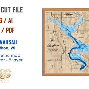 Digital File PDF, SVG - Lake Wausau Marathon Wisconsin Bathymetric ...