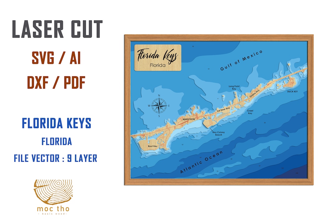 Digital File PDF, SVG - Florida Keys Florida Map Bathymetric Depth ...