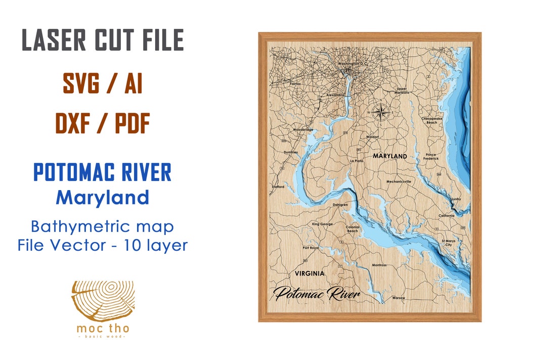 Digital File PDF, SVG - Potomac River Maryland, Bathymetric Depth ...