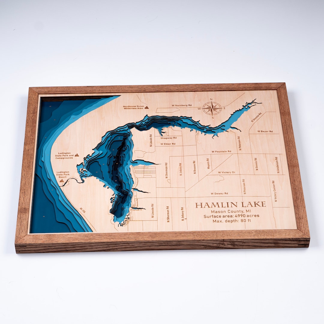 Hamlin Lake Michigan Wood Map 3D Custom Lake, Island, Coast Map ...