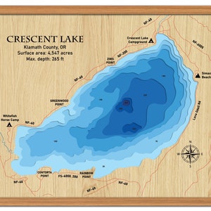Digital File PDF, SVG - Crescent Lake Oregon Map Bathymetric Depth ...