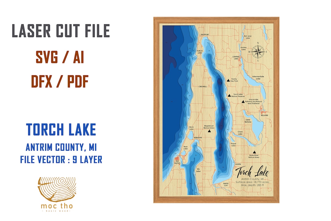Digital File PDF, SVG - Torch Lake Michigan Bathymetric Depth Layers ...