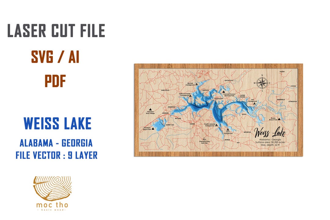 Digital File PDF, SVG - Weiss Lake Alabama Bathymetric Depth Layers SVG ...