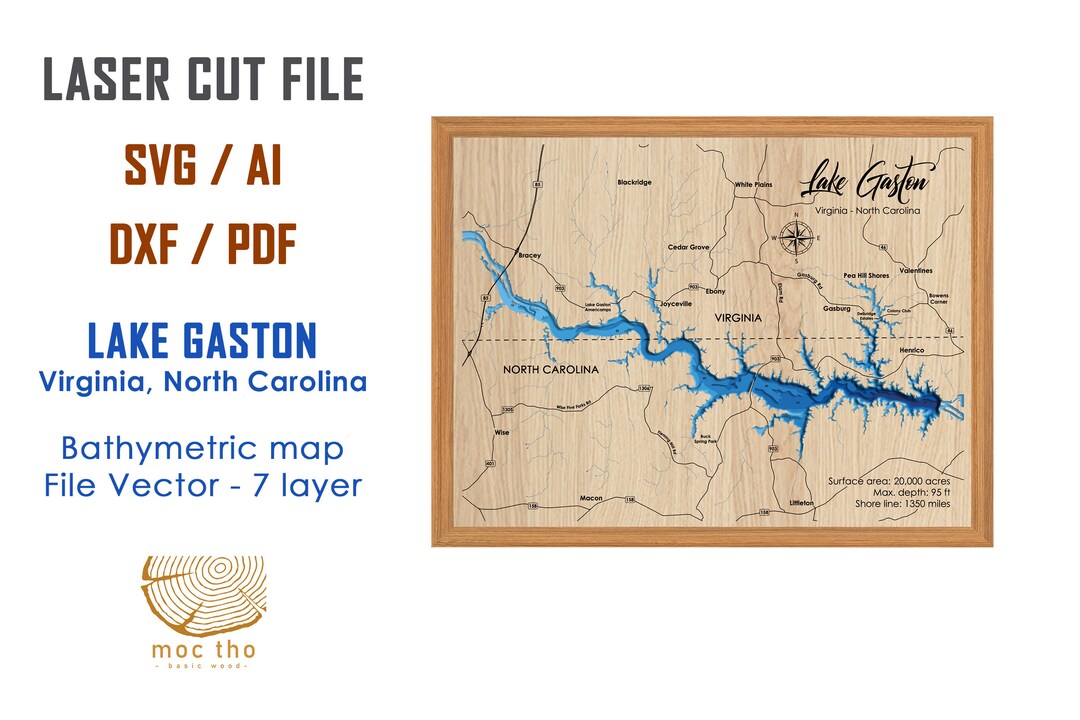 Digital File PDF, SVG - Lake Gaston Va North Carolina Map Bathymetric ...