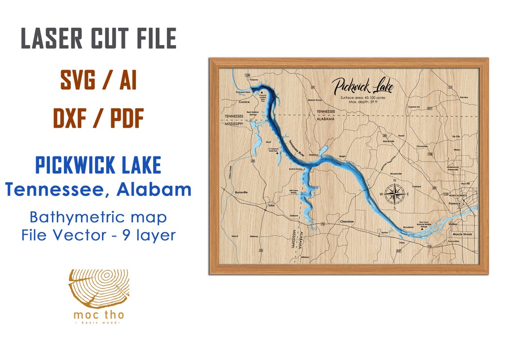 Digital File PDF, SVG - Pickwick Lake, Tennessee, Alabama Bathymetric ...