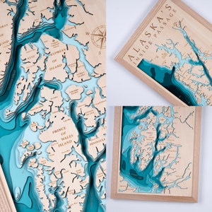 Alaska Inside Passage Wood Map 3D Custom Lake, Island, Coast Map ...