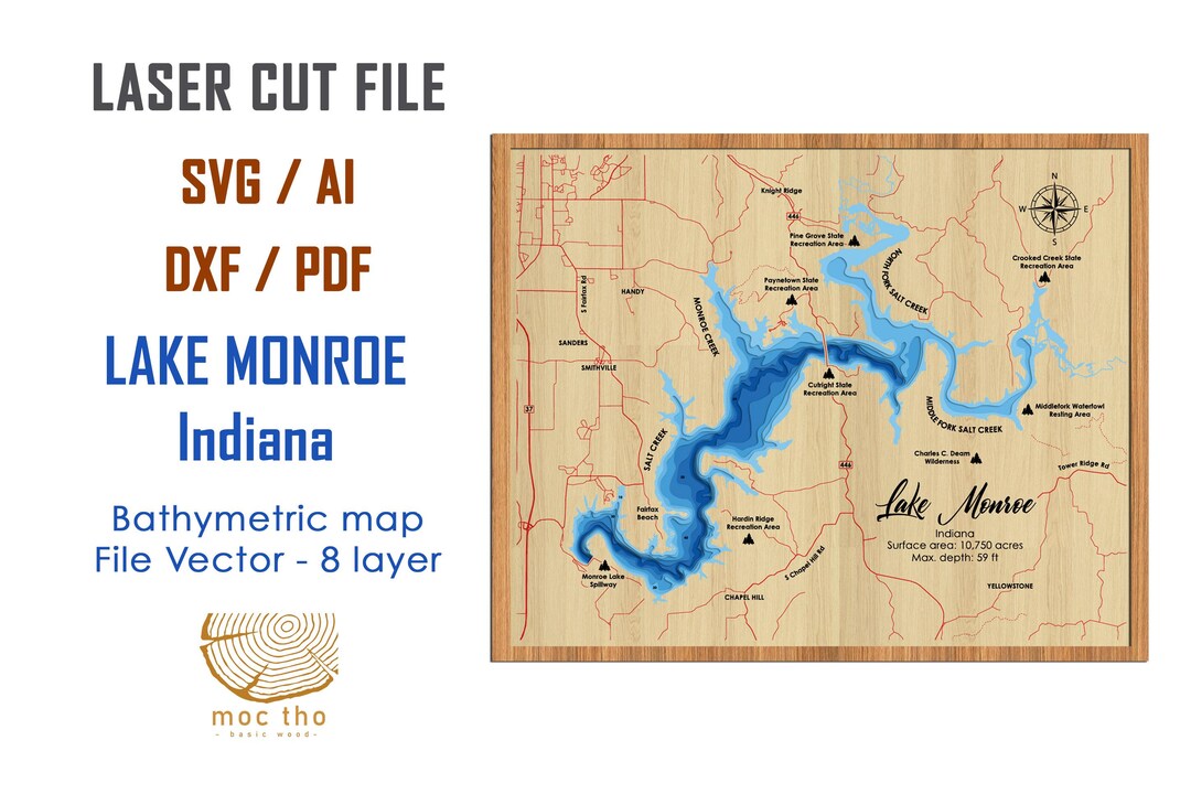 Digital File PDF, SVG - Lake Monroe Indiana, Bathymetric Depth Layers ...