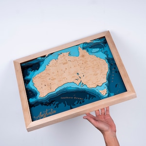 Australia Wood Map 3D Custom Lake, Island, Coast Map Bathymetric Map ...