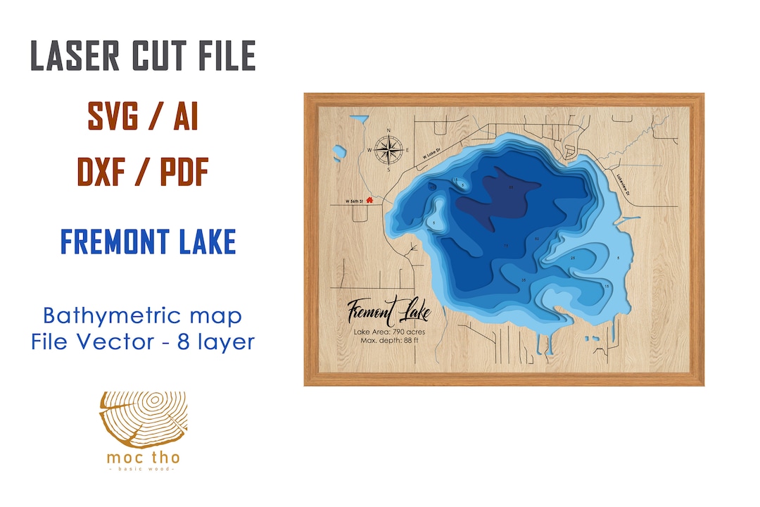 Digital File PDF, SVG - Fremont Lake Michigan Map Bathymetric Depth ...