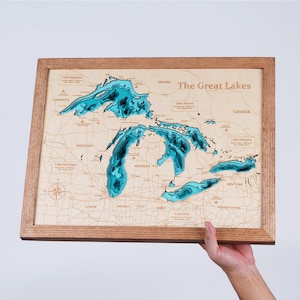 The Great Lakes Wood Map 3D Custom Lake, Island, Coast Map Bathymetric ...