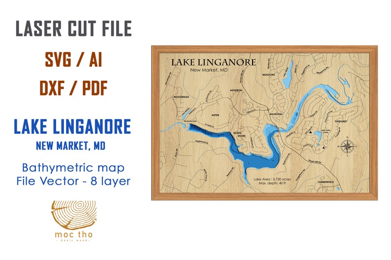 Digital File PDF, SVG - Lake Linganore Maryland Map, Bathymetric Depth ...