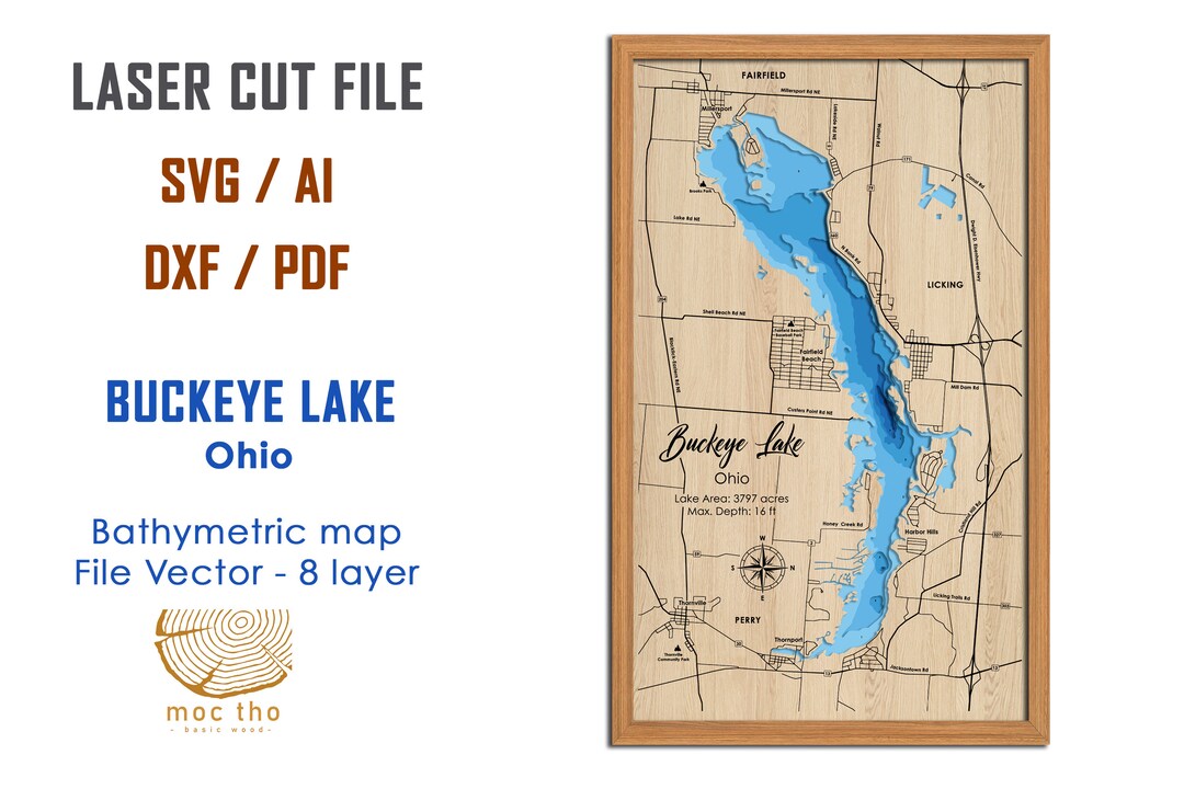 Digital File PDF, SVG - Buckeye Lake Ohio, Bathymetric Depth Layers SVG ...