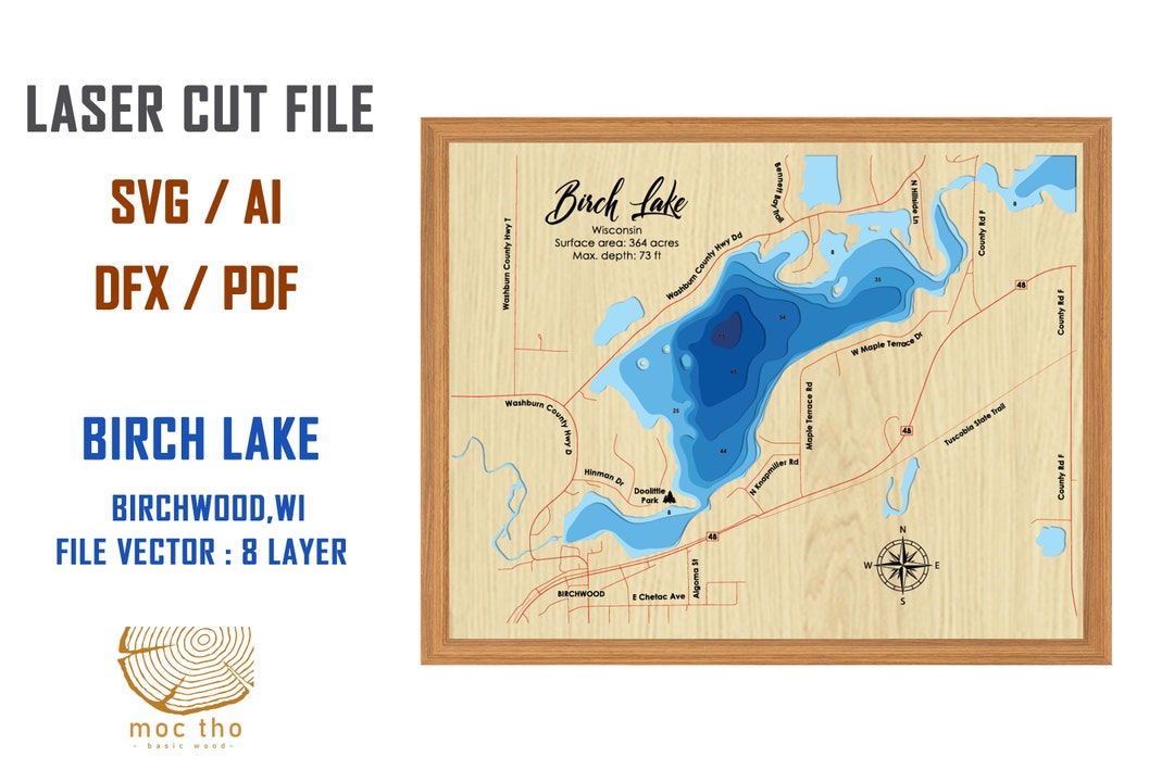 Digital File PDF, SVG - Birch Lake Wisconsin Map Bathymetric Depth ...
