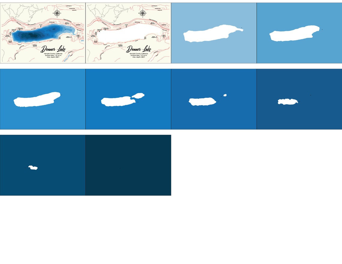 Digital File PDF, SVG - Donner Lake California Map, Bathymetric Depth ...