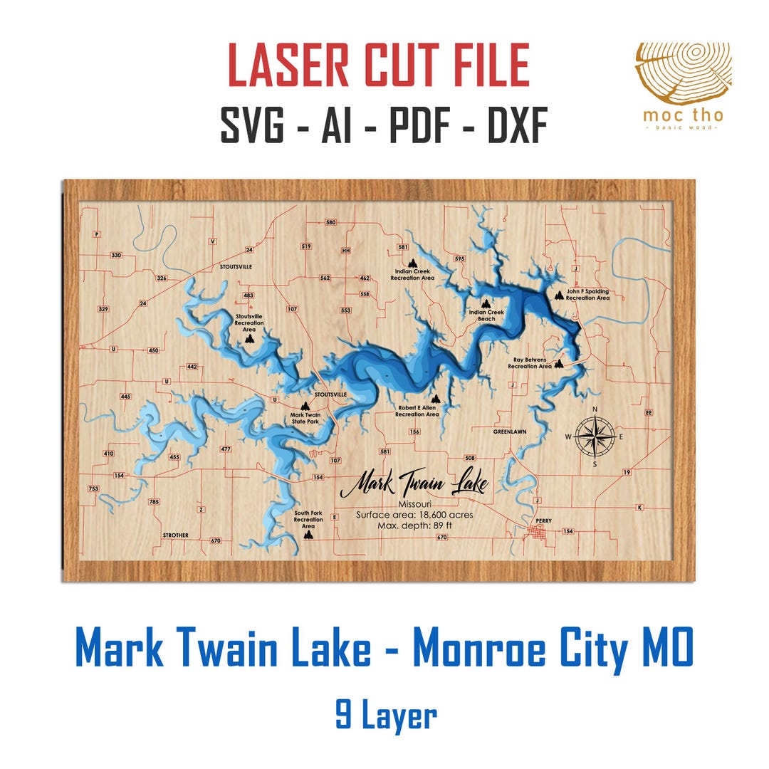 Digital File PDF, SVG - Mark Twain Lake, Missouri Bathymetric Depth ...
