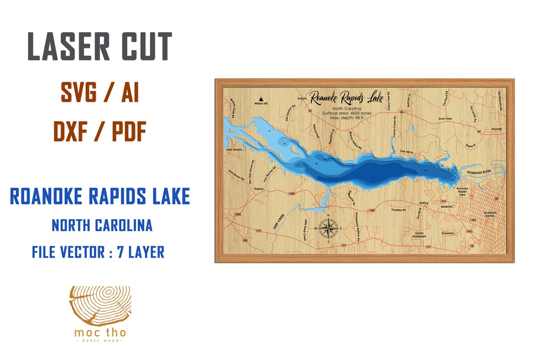 Digital File PDF, SVG - Roanoke Rapids Lake North Carolina, Bathymetric ...
