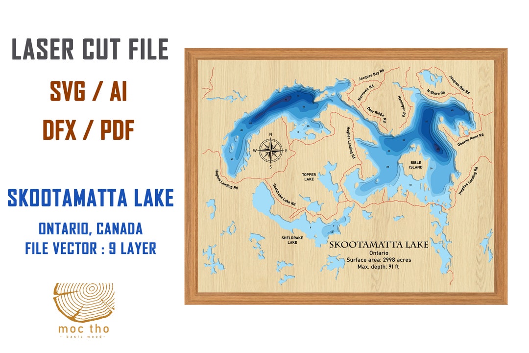 Digital File PDF, SVG - Skootamatta Lake Ontario Map Bathymetric Depth Layers SVG File, Layered ...