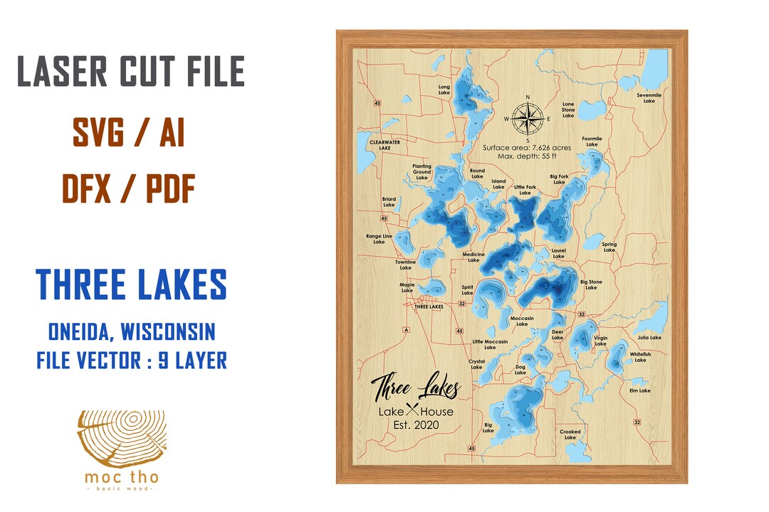 Digital File PDF, SVG - Three Lakes Wisconsin Map Bathymetric Depth ...