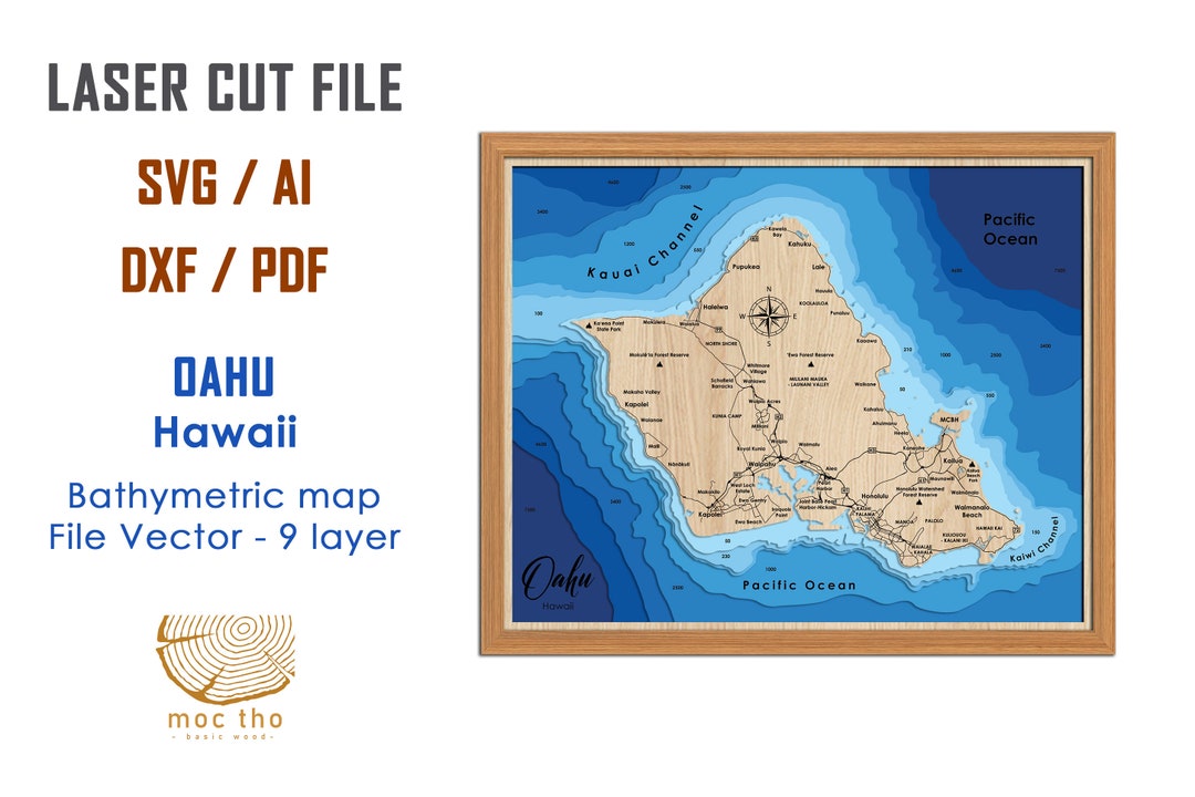 Digital File PDF, SVG - Oahu, Hawaii Map, Bathymetric Depth Layers SVG ...
