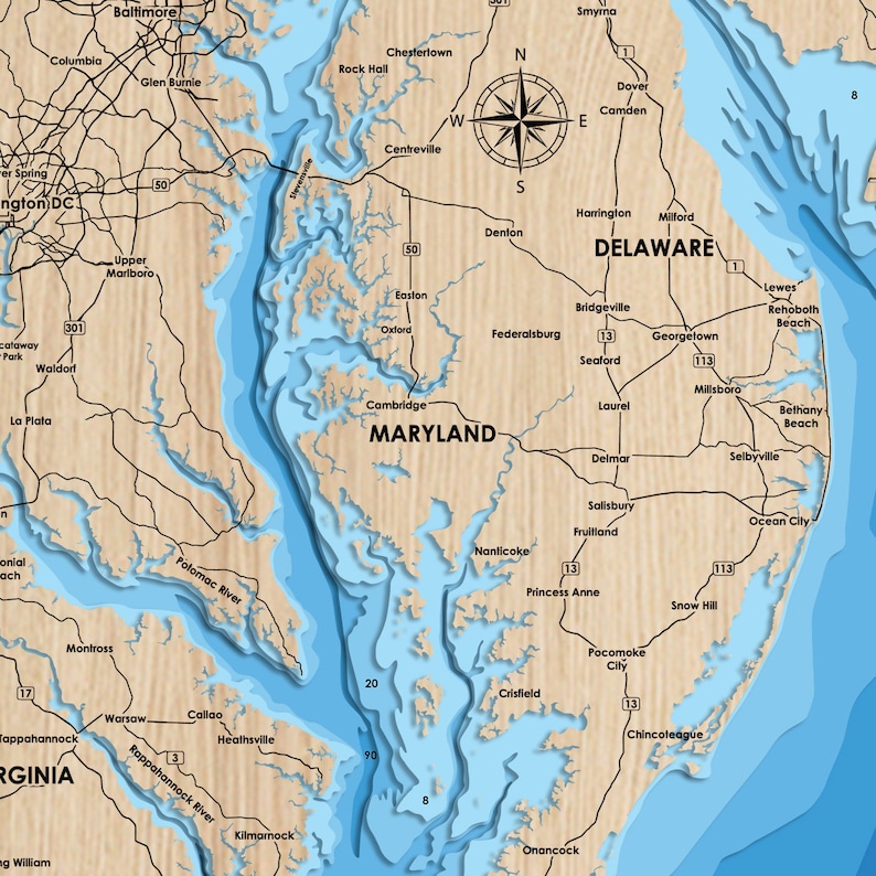 Digital File PDF, SVG - Delmarva Peninsula Map, Bathymetric Depth ...
