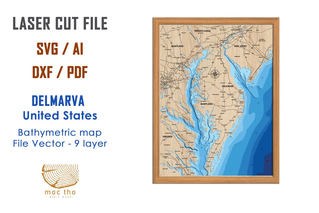 Digital File PDF, SVG - Delmarva Peninsula Map, Bathymetric Depth ...