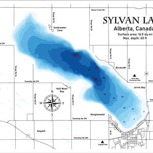 Digital File DXF, AI, SVG - Sylvan Lake Alberta Map Wood Bathymetric ...