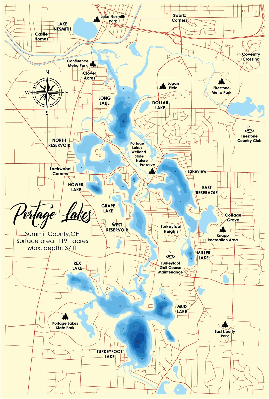 Digital File PDF, SVG - Portage Lakes Ohio Map, Bathymetric Depth ...