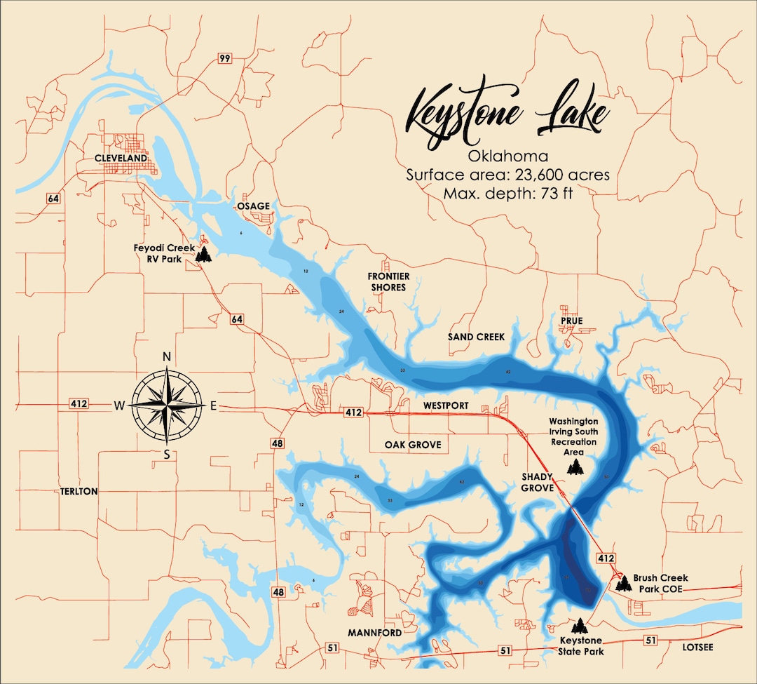 Digital File PDF, SVG Keystone Lake Oklahoma Map, Bathymetric Depth ...