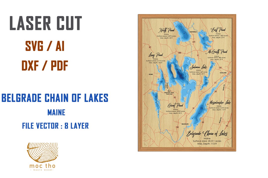 Digital File PDF, SVG - Belgrade Chain of Lake, Maine Bathymetric Depth ...