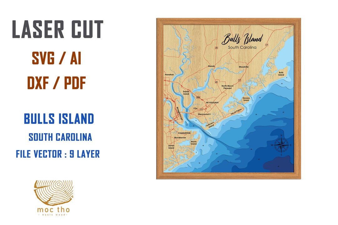 Digital File PDF, SVG - Bulls Island South Carolina, Bathymetric Depth ...
