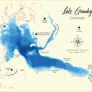 Digital File PDF, SVG - Lake Granby Colorado Map Bathymetric Depth ...