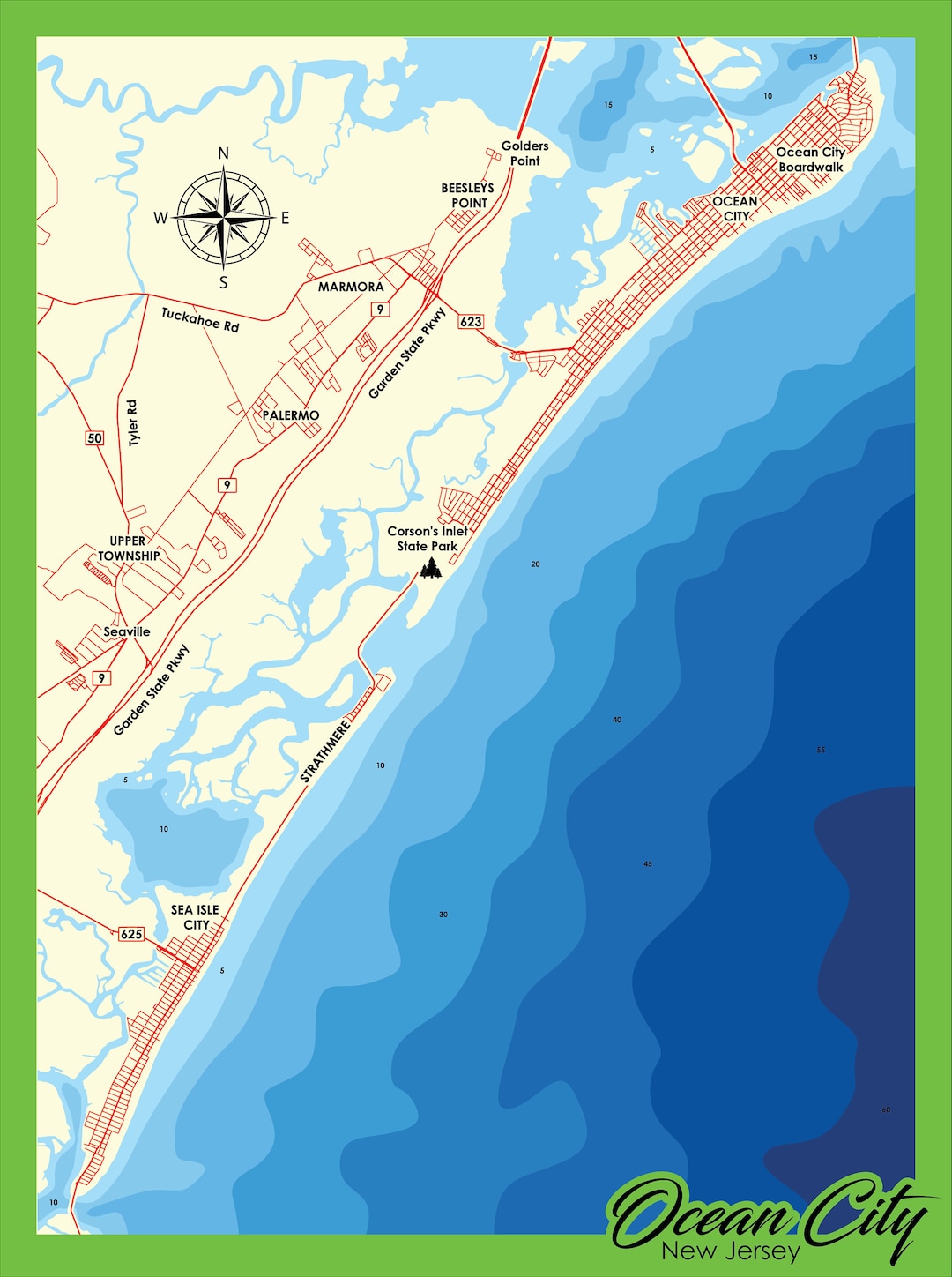 Digital File PDF, SVG Ocean City New Jersey Map, Bathymetric Depth ...
