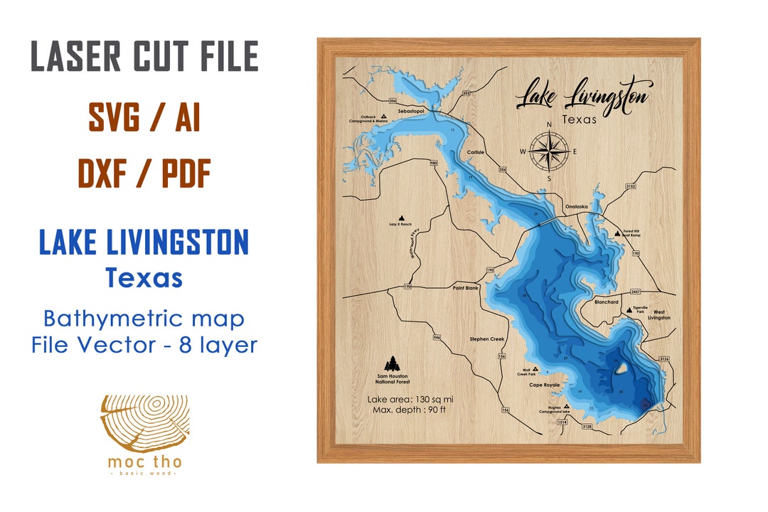 Digital File PDF, SVG - Lake Livingston Texas Map Bathymetric Depth ...