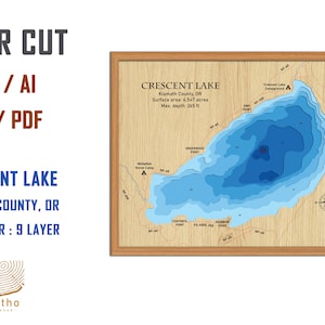Digital File PDF, SVG - Crescent Lake Oregon Map Bathymetric Depth ...