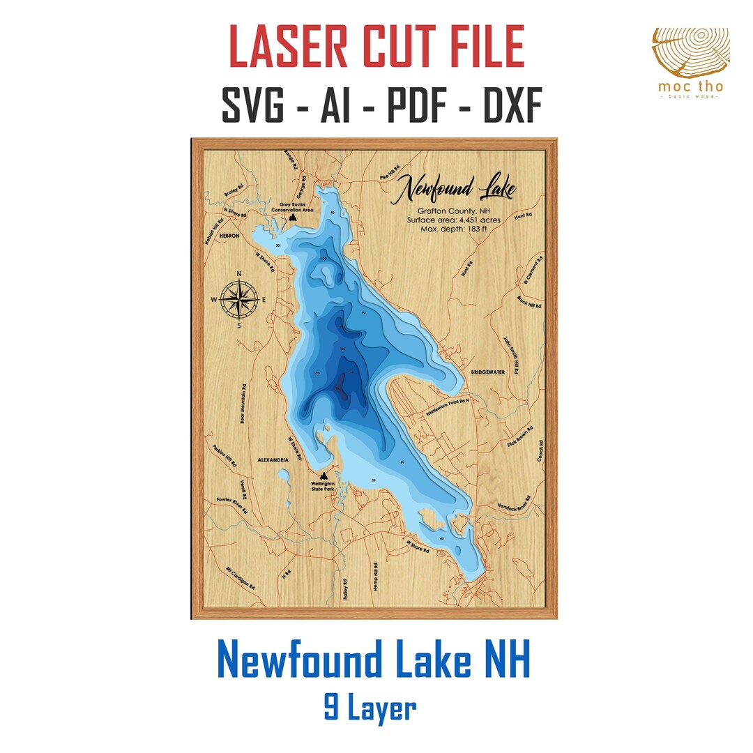 Digital File PDF, SVG - Newfound Lake, New Hampshire Bathymetric Depth ...