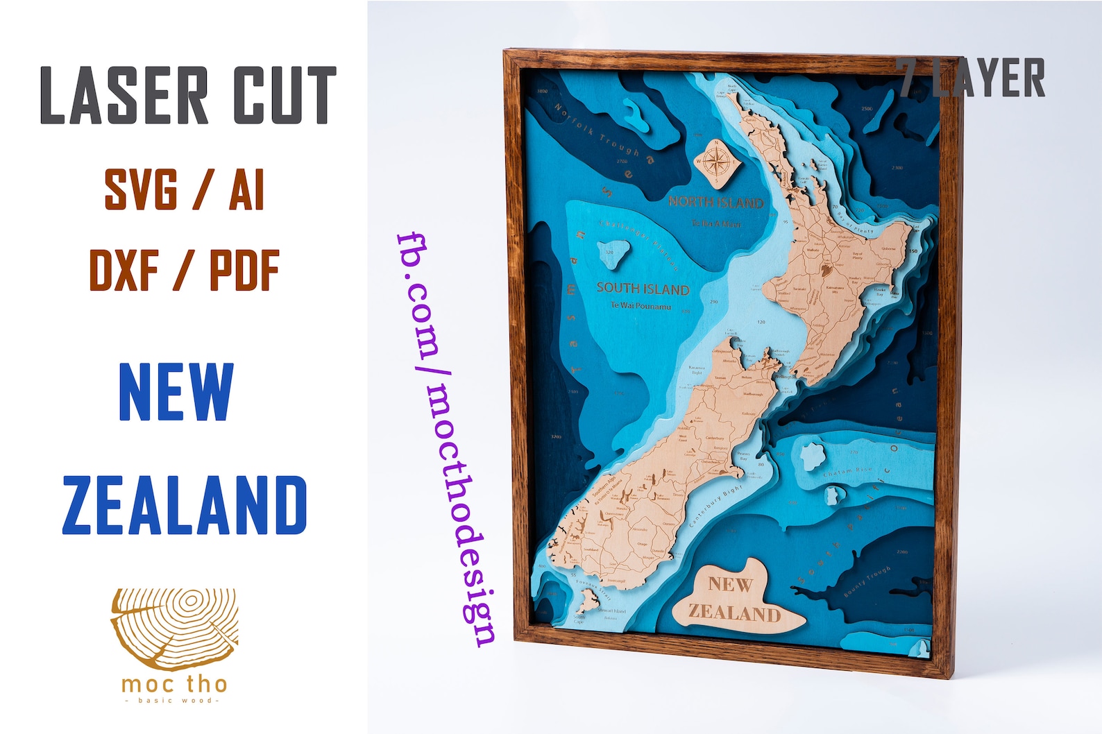 Digital File DXF, AI, SVG - New Zealand Map Wood Bathymatric Map ...