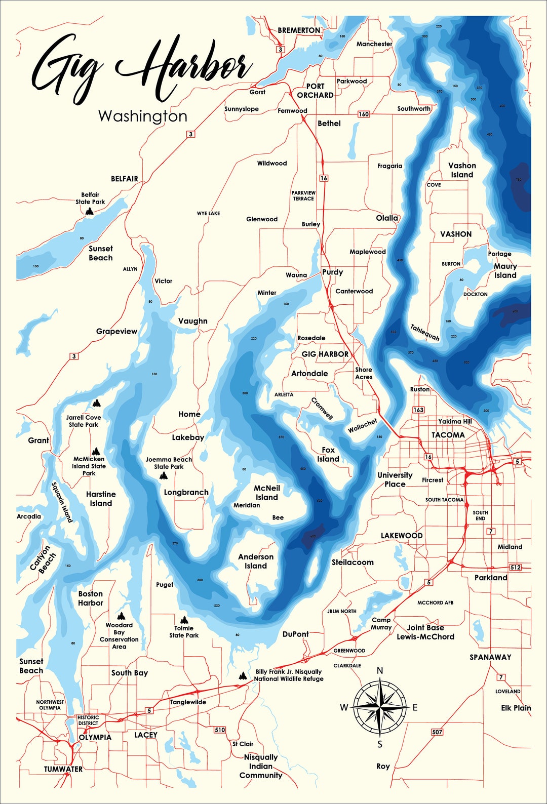 Digital File PDF SVG Gig Harbor Washington Bathymetric - Etsy