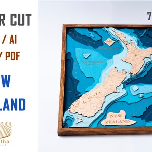 Digital File DXF, AI, SVG - New Zealand Map Wood Bathymatric Map ...
