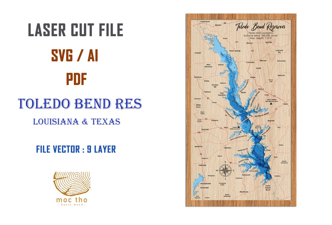 Digital File PDF, SVG - Toledo Bend Reservoir Map Bathymetric Depth ...