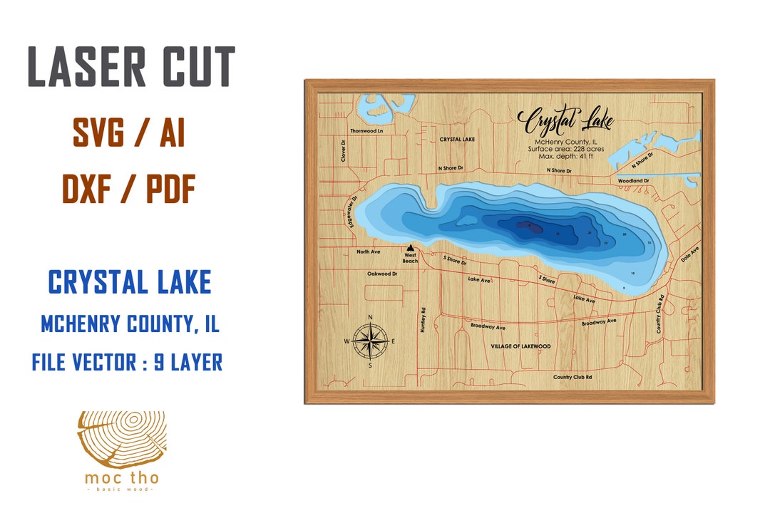 Digital File PDF, SVG - Crystal Lake Illinois Map Bathymetric Depth ...