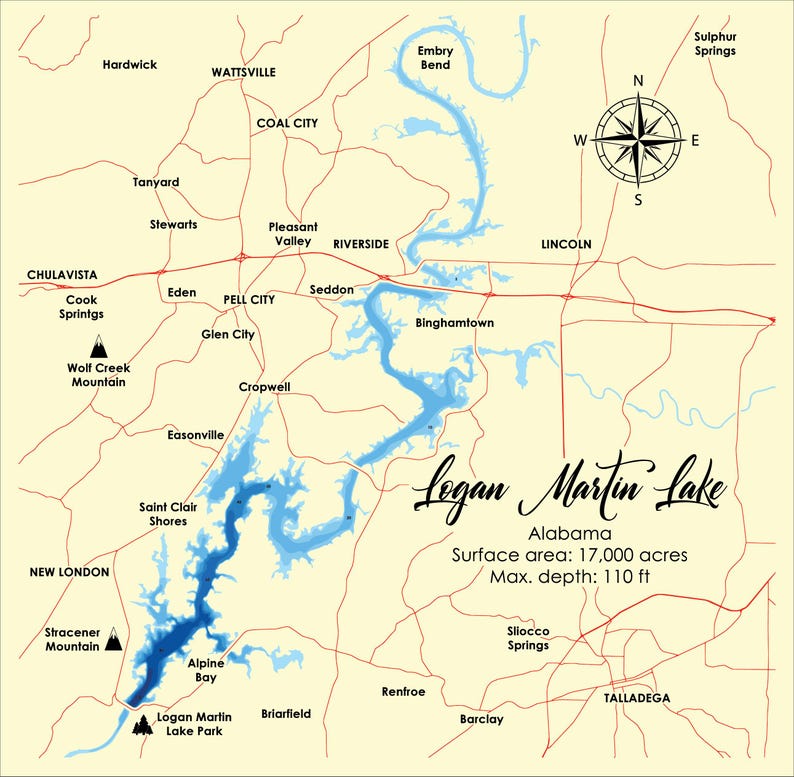Digital File PDF, SVG - Logan Martin Lake Alabama Bathymetric Depth ...