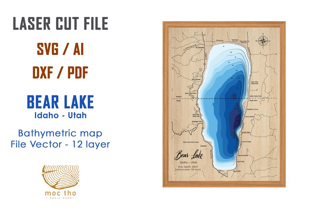 Digital File PDF, SVG - Bear Lake Idaho Utah Bathymetric Depth Layers ...