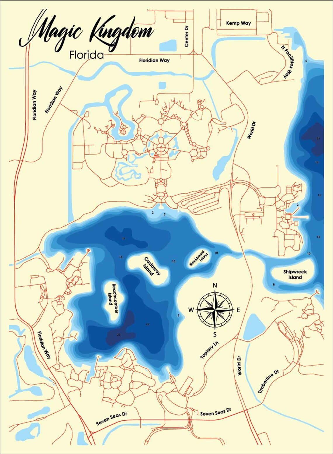 Digital File PDF, SVG - Bay Lake Florida, Bathymetric Depth Layers SVG ...