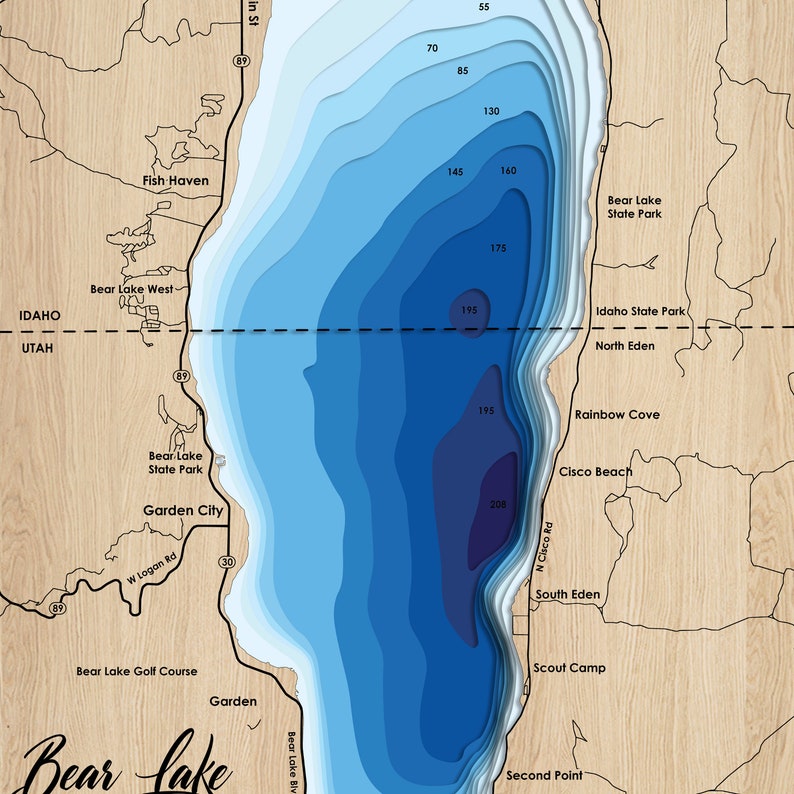 Digital File PDF, SVG - Bear Lake Idaho Utah Bathymetric Depth Layers ...